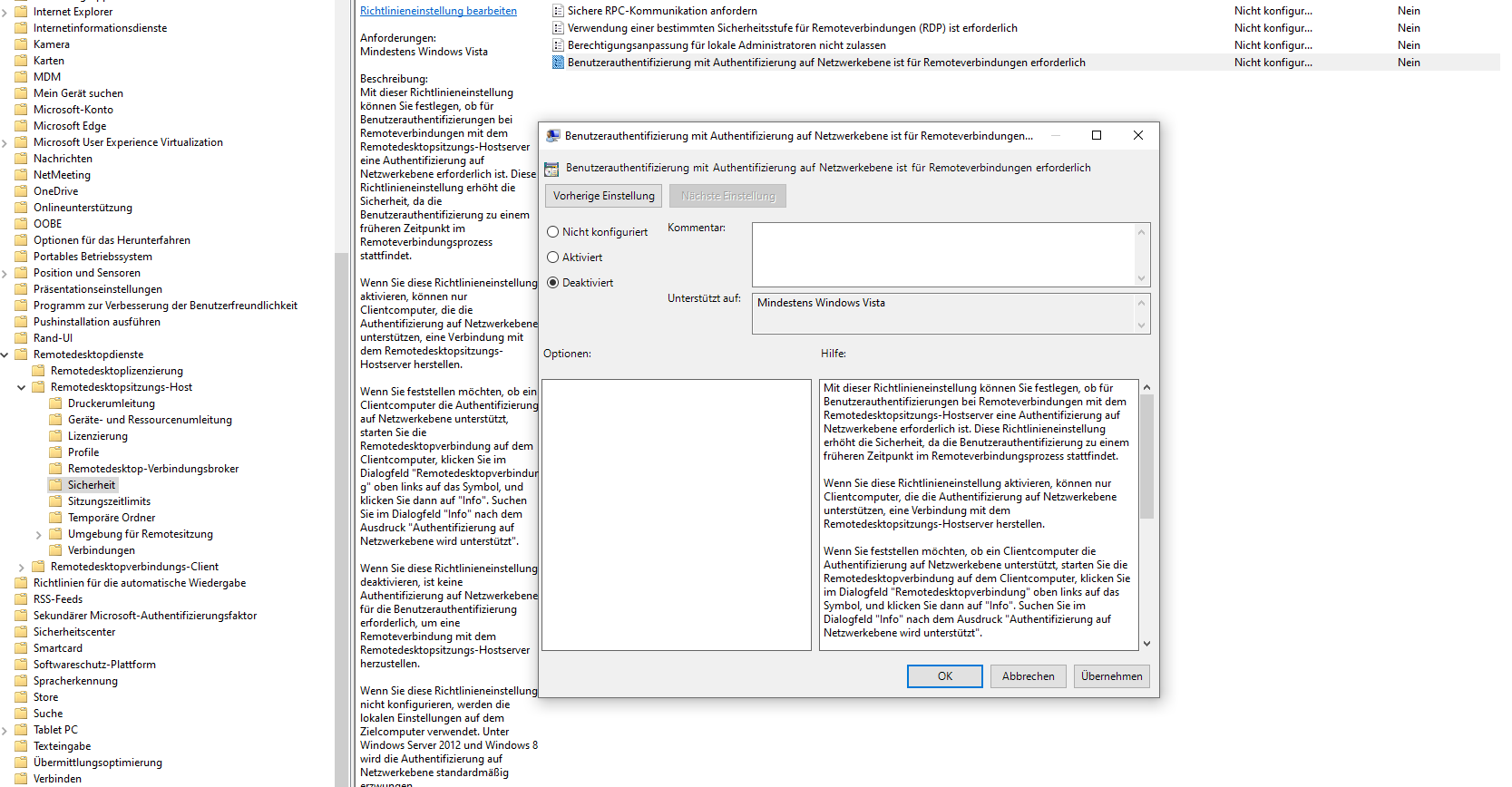 Windows Server -Authentifizierung auf Netzwerkebene (NLA) nicht erzwingen